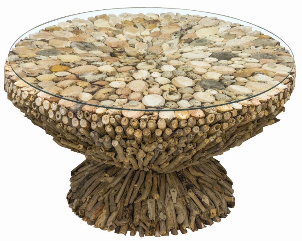 Driftwood Round Coffee Table - Glass Top | Choice Furniture Superstore UK