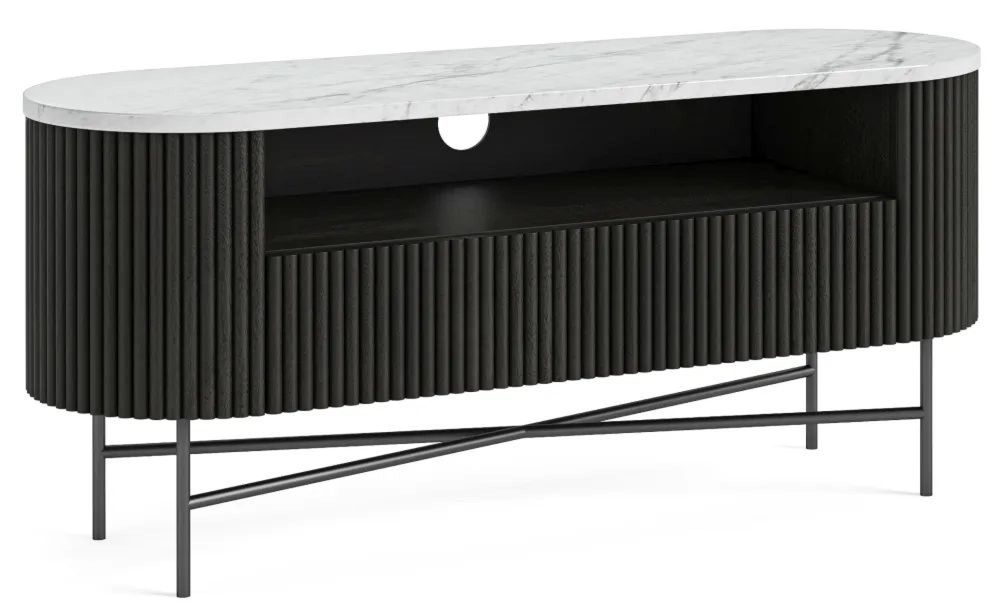 Lucas Black 120cm Fluted Curved TV Unit with White Marble Top | CFS UK