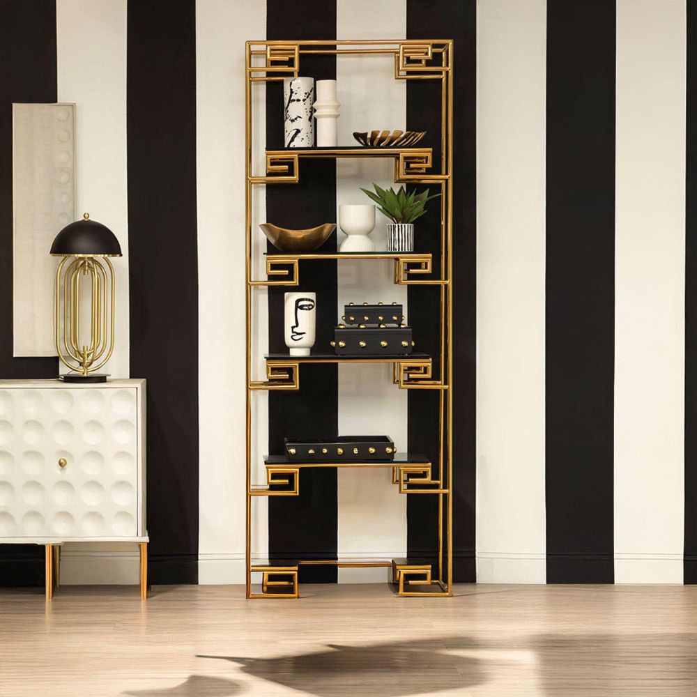 Horizon Black Glass and Gold Metal Angular Design Bookcase | CFS UK