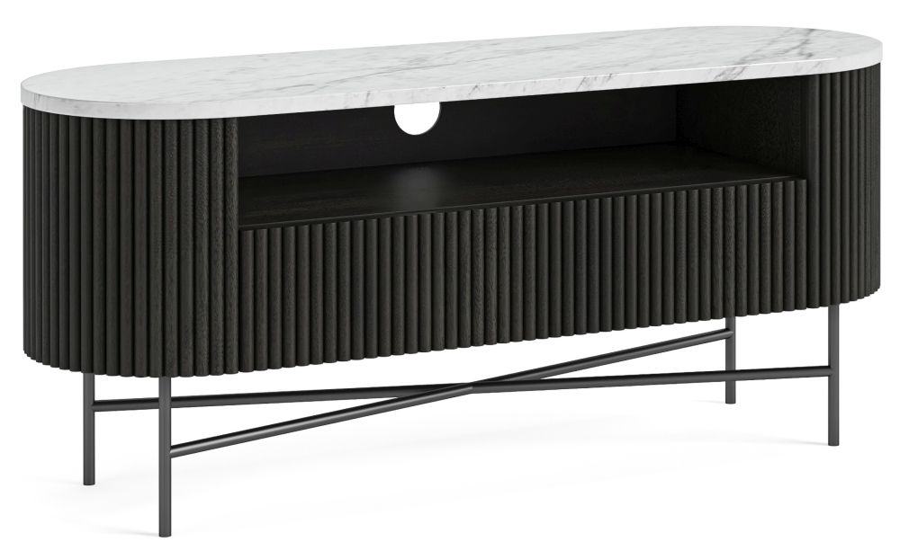 Lucas Black 120cm Fluted Curved TV Unit with White Marble Top | CFS UK