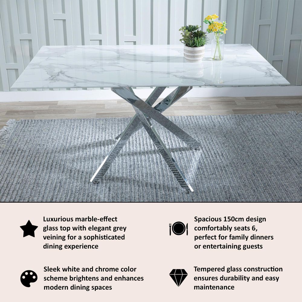 Clearance - Chopstick 6 Seater White Glass Dining Table with Chrome ...