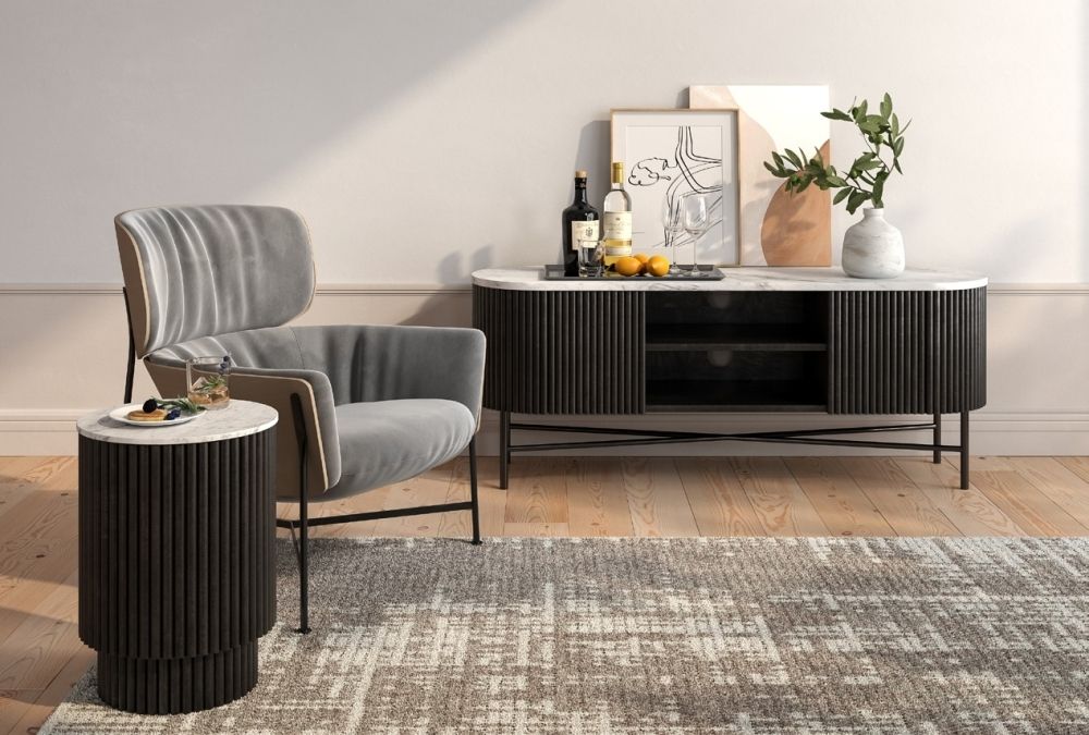 Lucas Black 120cm Fluted Curved TV Unit with White Marble Top | CFS UK