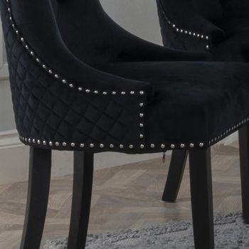 Lion Knocker Back Black Velvet Fabric Dining Chair with Black Wooden ...
