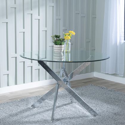 Chopstick Clear Glass 4 Seater Round Dining Table with Chrome Metal Chopstick Legs CFS UK