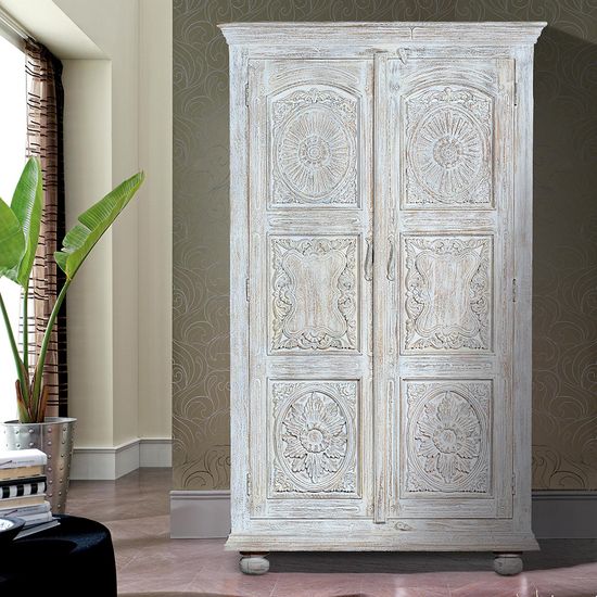 Jensen Distressed White Carved Mango Wood 2 Door Wardrobe | CFS UK