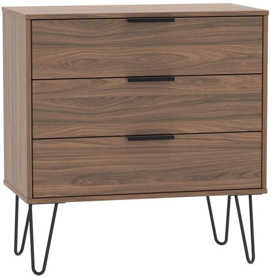 Hong Kong Walnut Effect 3 Drawer Midi Chest with Hairpin Legs | CFS UK
