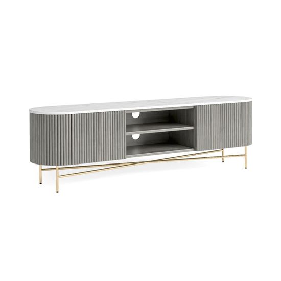 Isabella Grey 180cm Fluted Curved Storage TV Unit with White Marble Top ...