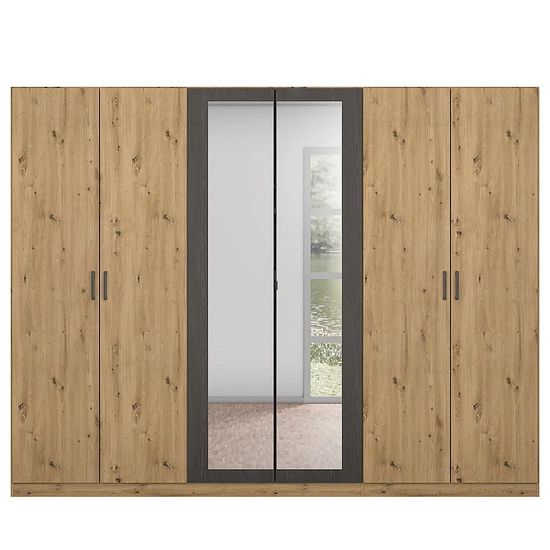 Rauch Miro 271cm 6 Door Wardrobe with Mirror - Artisan Oak and Black ...
