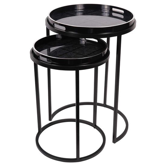 Libra Squares Pattern Black Metal Round Side Tray Table - Set of 2 | CFS UK