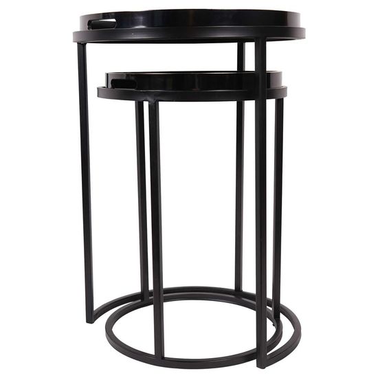 Libra Squares Pattern Black Metal Round Side Tray Table - Set of 2 | CFS UK