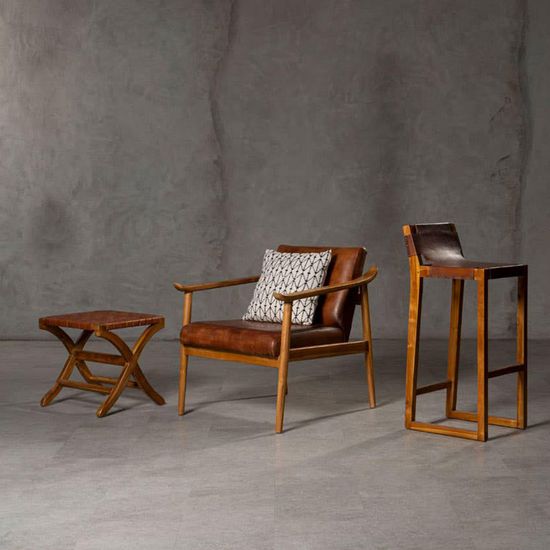 Kendari Brown Cow Leather and Teak Wood Barstool | Choice Furniture ...