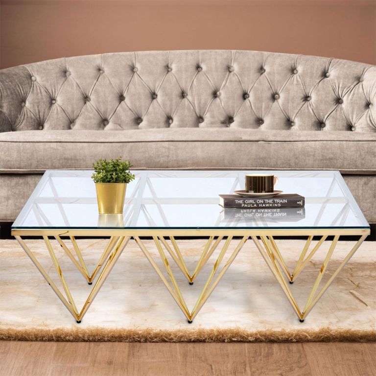 Clear Glass Coffee Table with Gold Metal Triangular Base | CFS UK