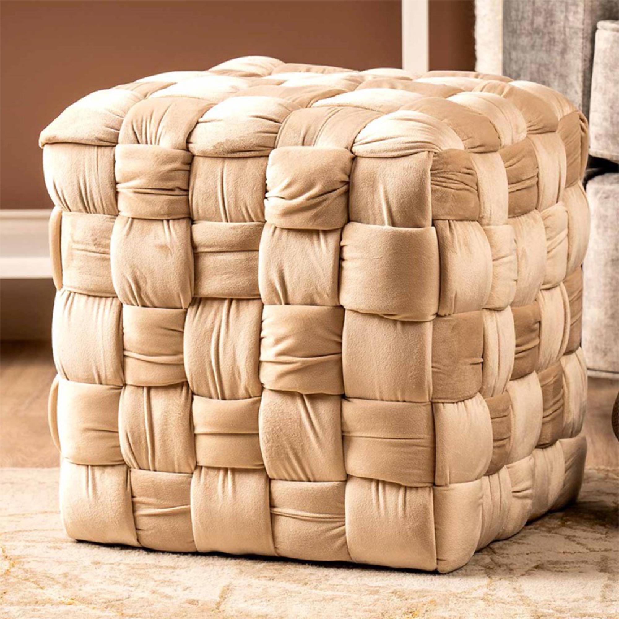 Dark Cream Velvet Fabric Square Ottoman Stool