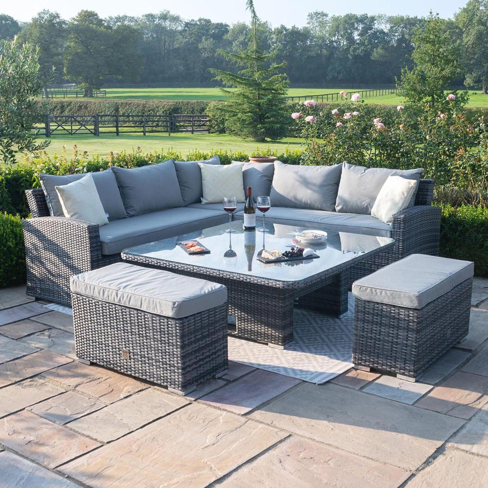 Maze Kingston Grey Rattan 9 Seater Corner Sofa Dining Set with 2 Benches and Rising Table CFS UK