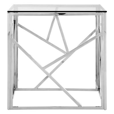 Allure Clear Glass Square End Table with Silver Geometric Base | CFS UK