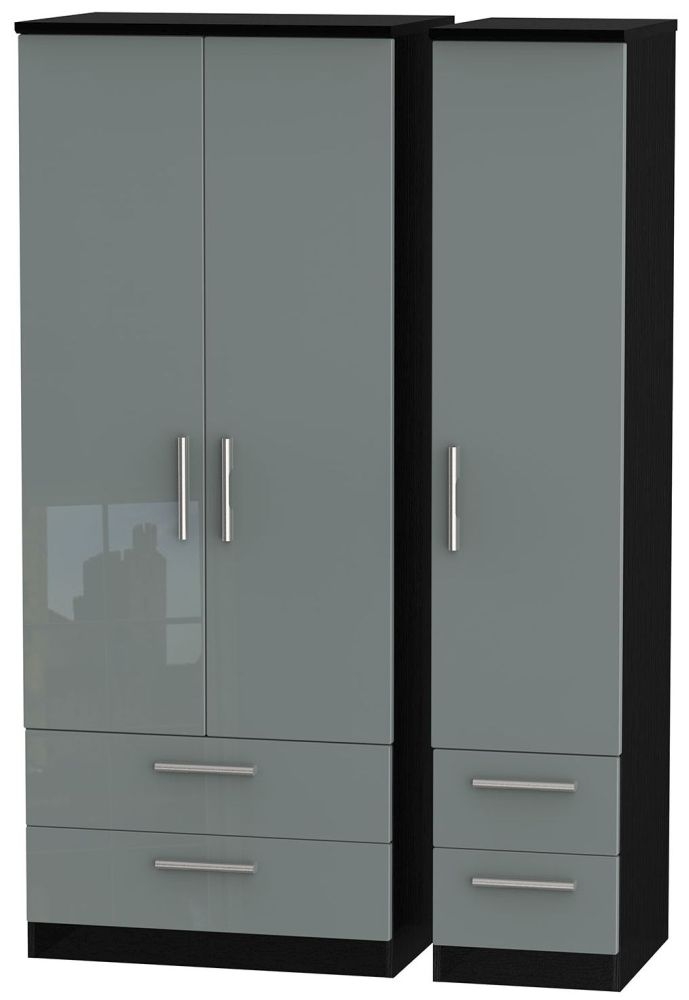 Knightsbridge Grey Gloss and Black 3 Door Triple Wardrobe 4 Drawers