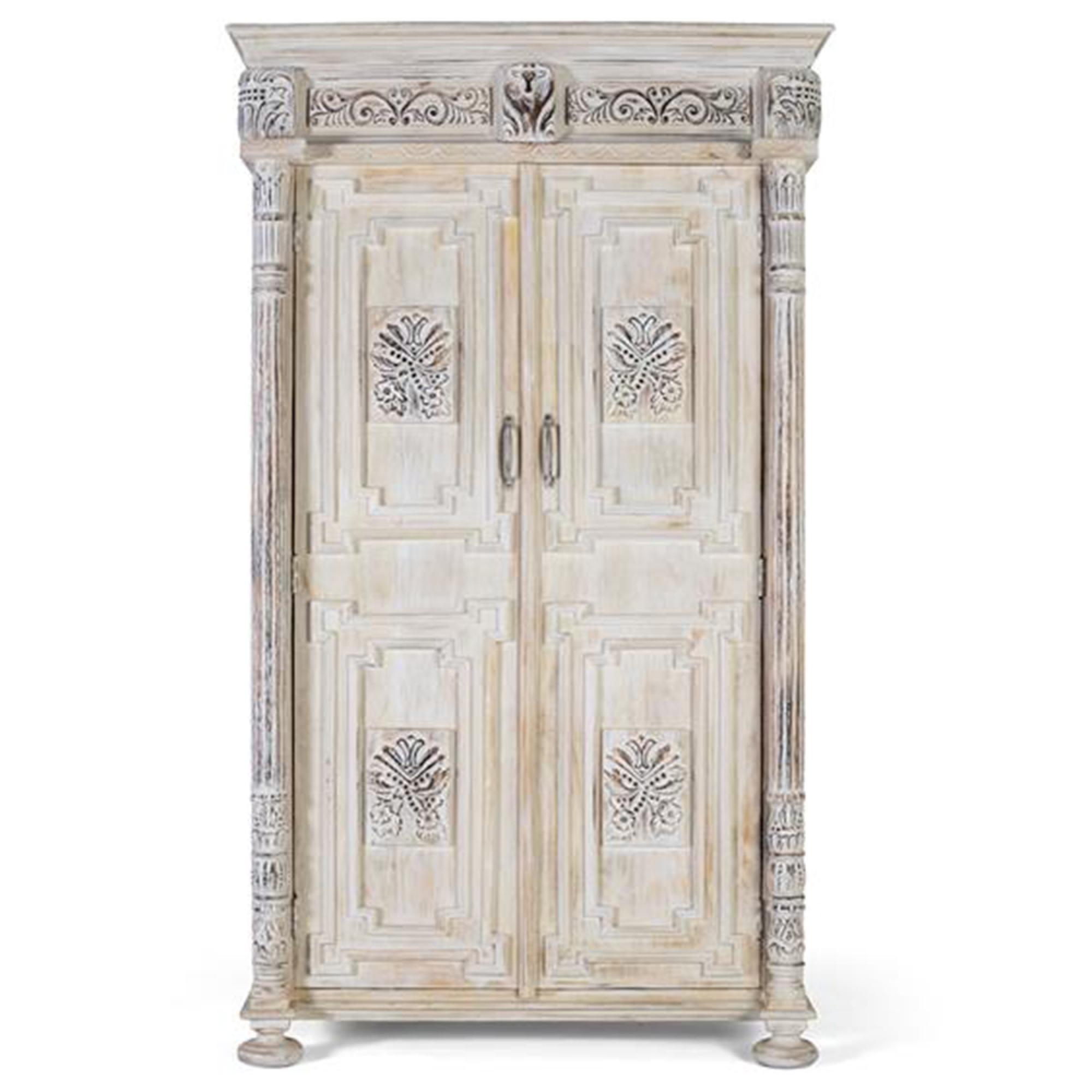 Jensen Distressed White Carved Mango Wood 2 Door Wardrobe | CFS UK
