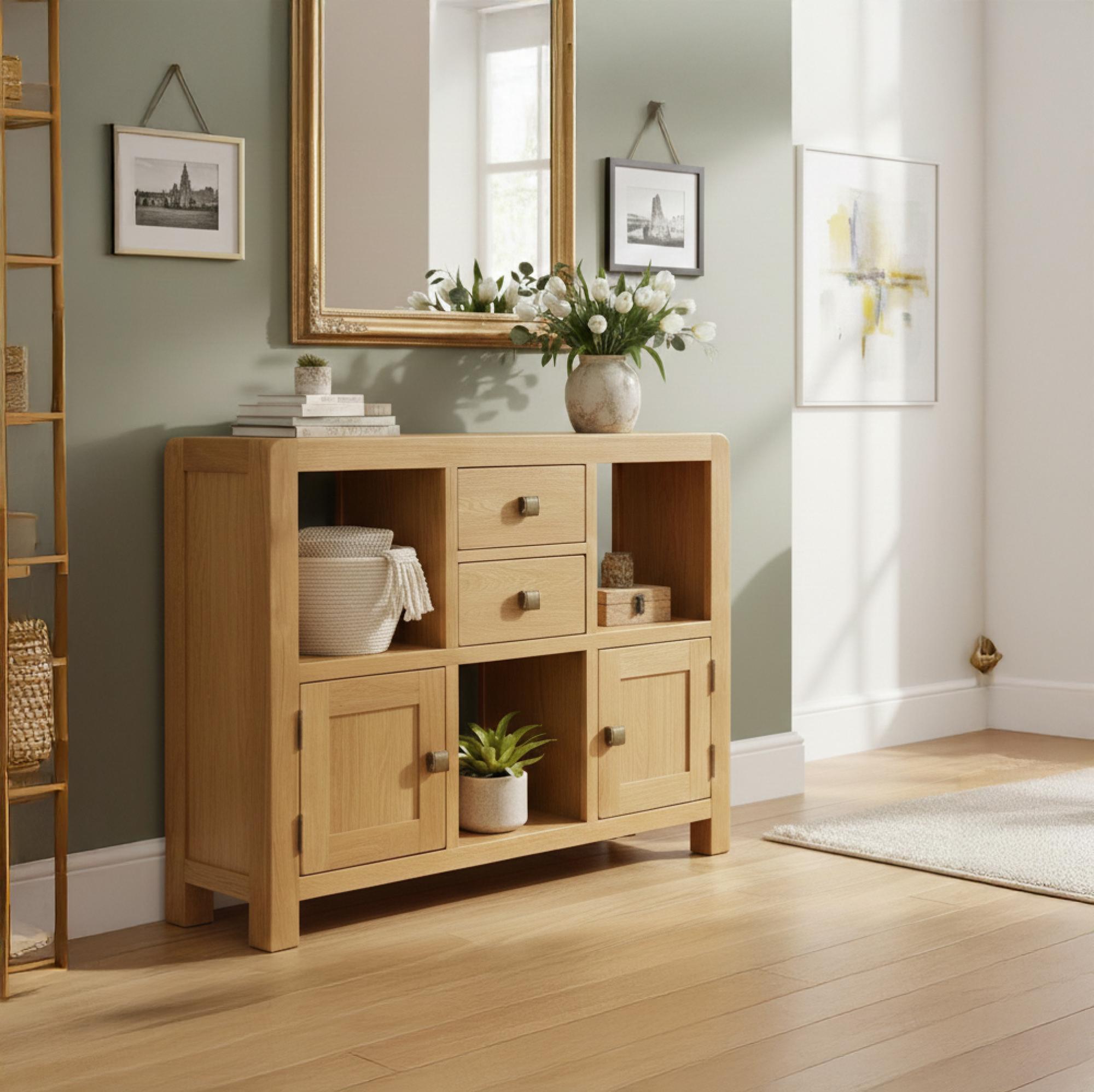 Curve Oak 2 Door Low Display Cabinet | Choice Furniture Superstore UK