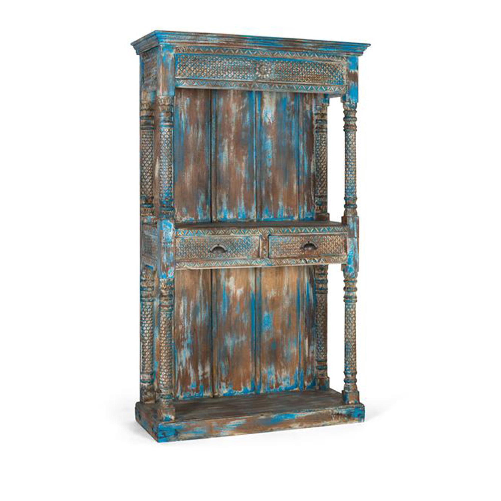 Sondrio Antique Blue Carved Mango Wood Shelving Unit | CFS UK