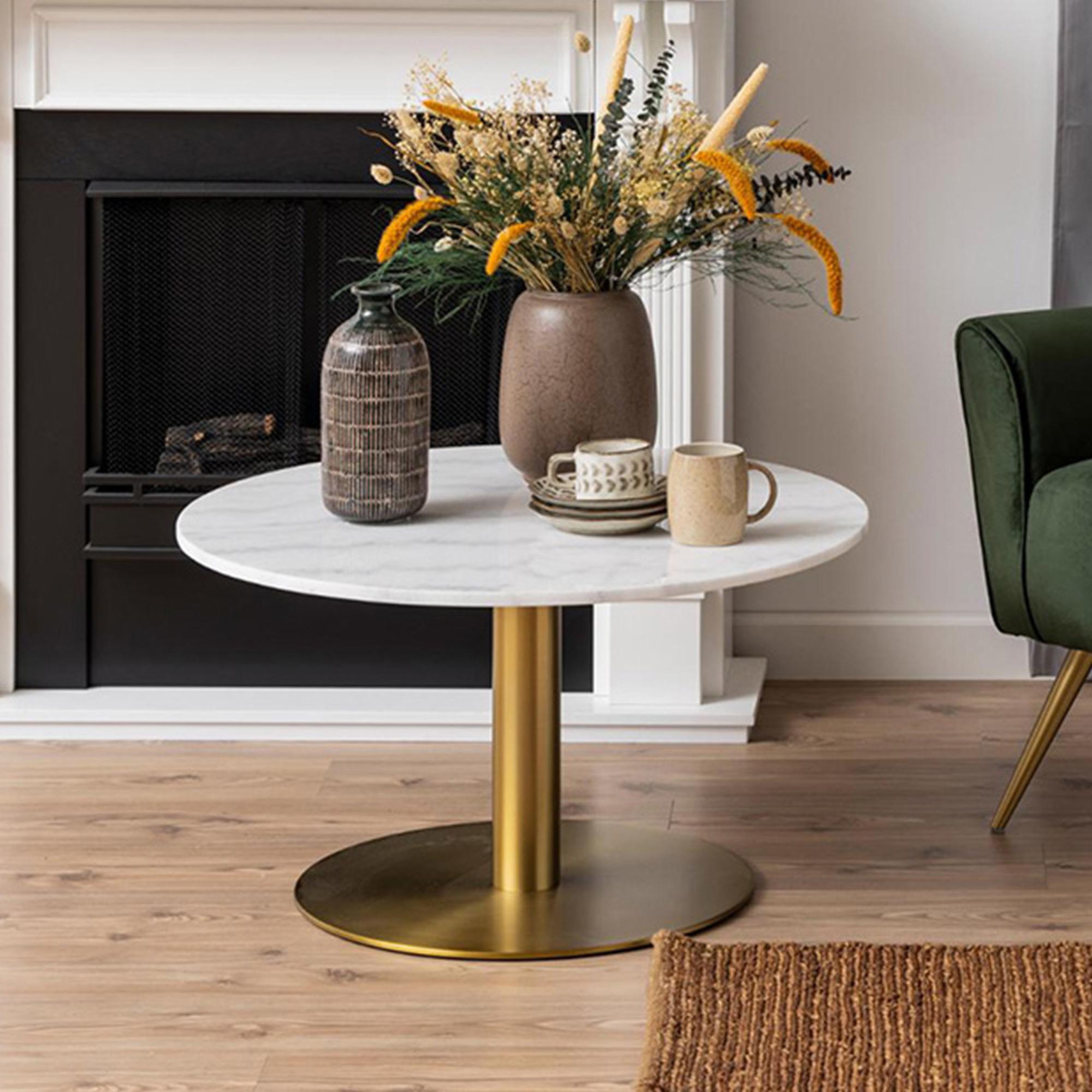 Corby White Marble Effect and Gold Round Coffee Table | CFS UK