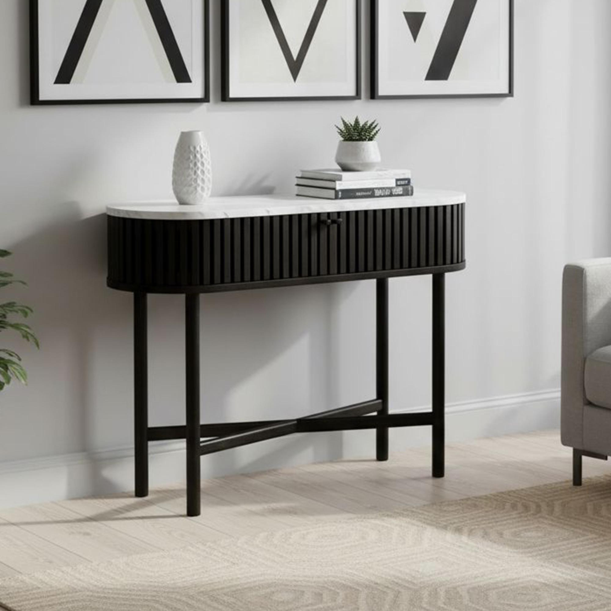 Soho Black 2 Door Slatted Oval Console Table - White Marble Top | CFS UK