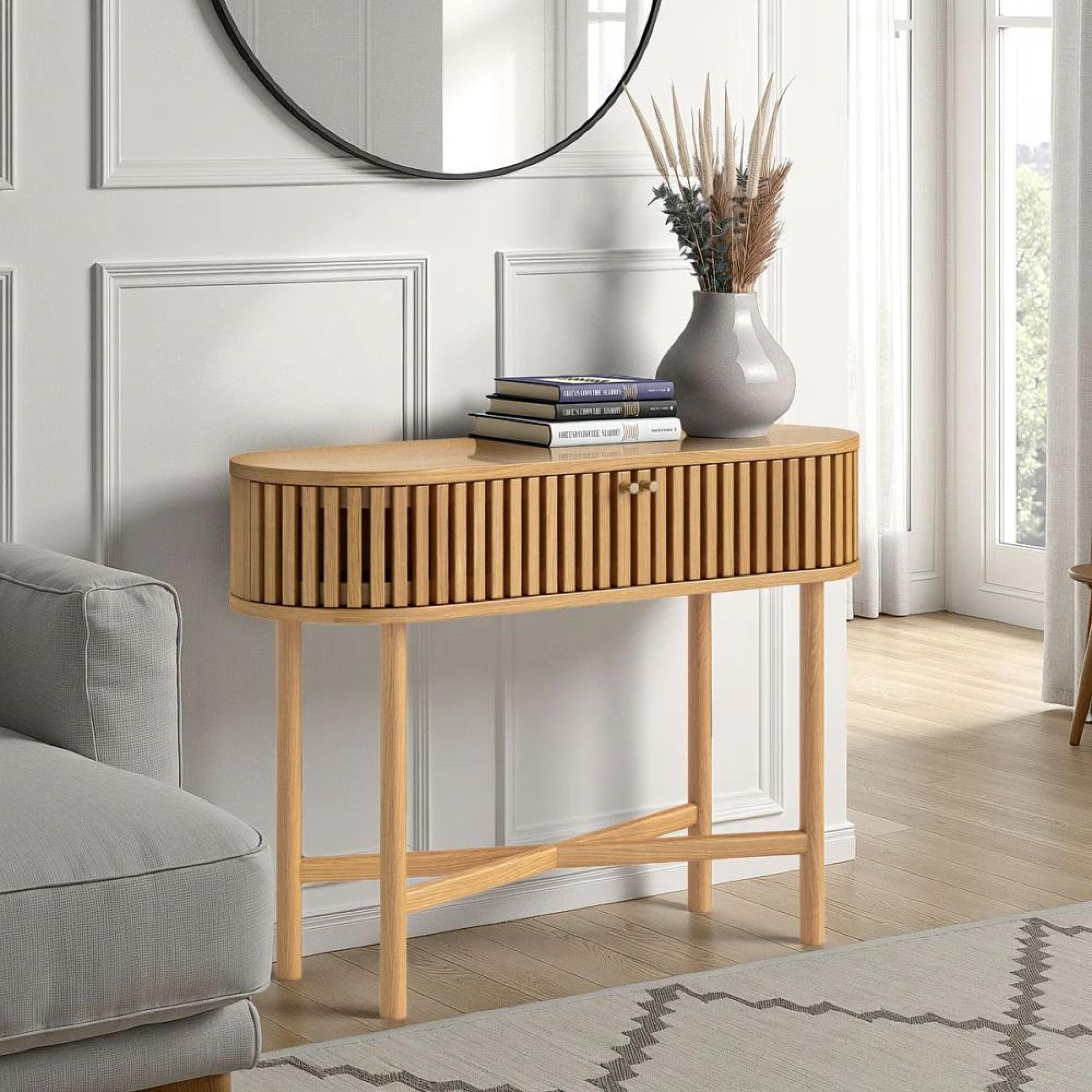 Soho Oak 2 Door Slatted Oval Console Table | Choice Furniture Superstore UK