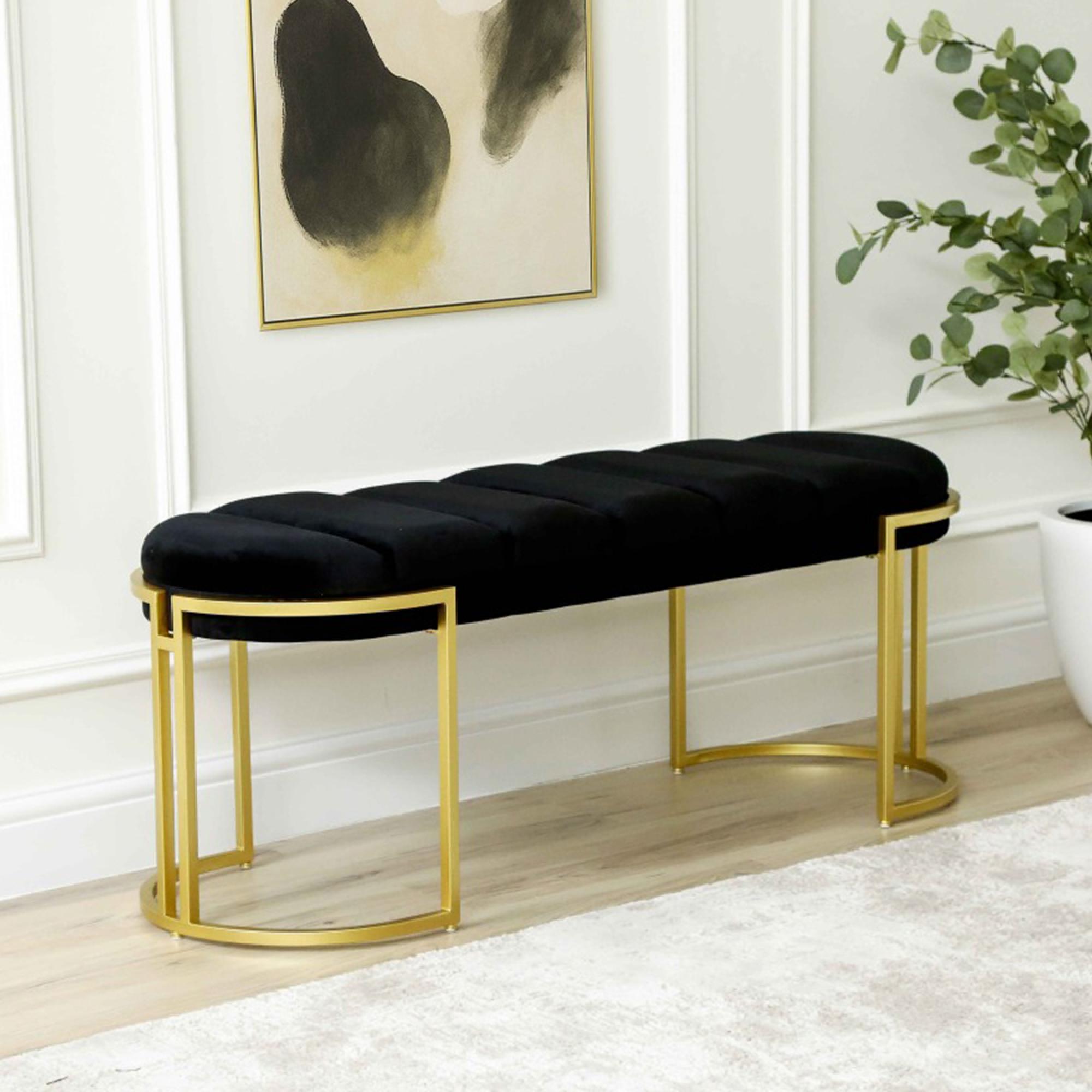 Black Velvet Fabric and Gold Metal Oval Hall Bench | CFS UK