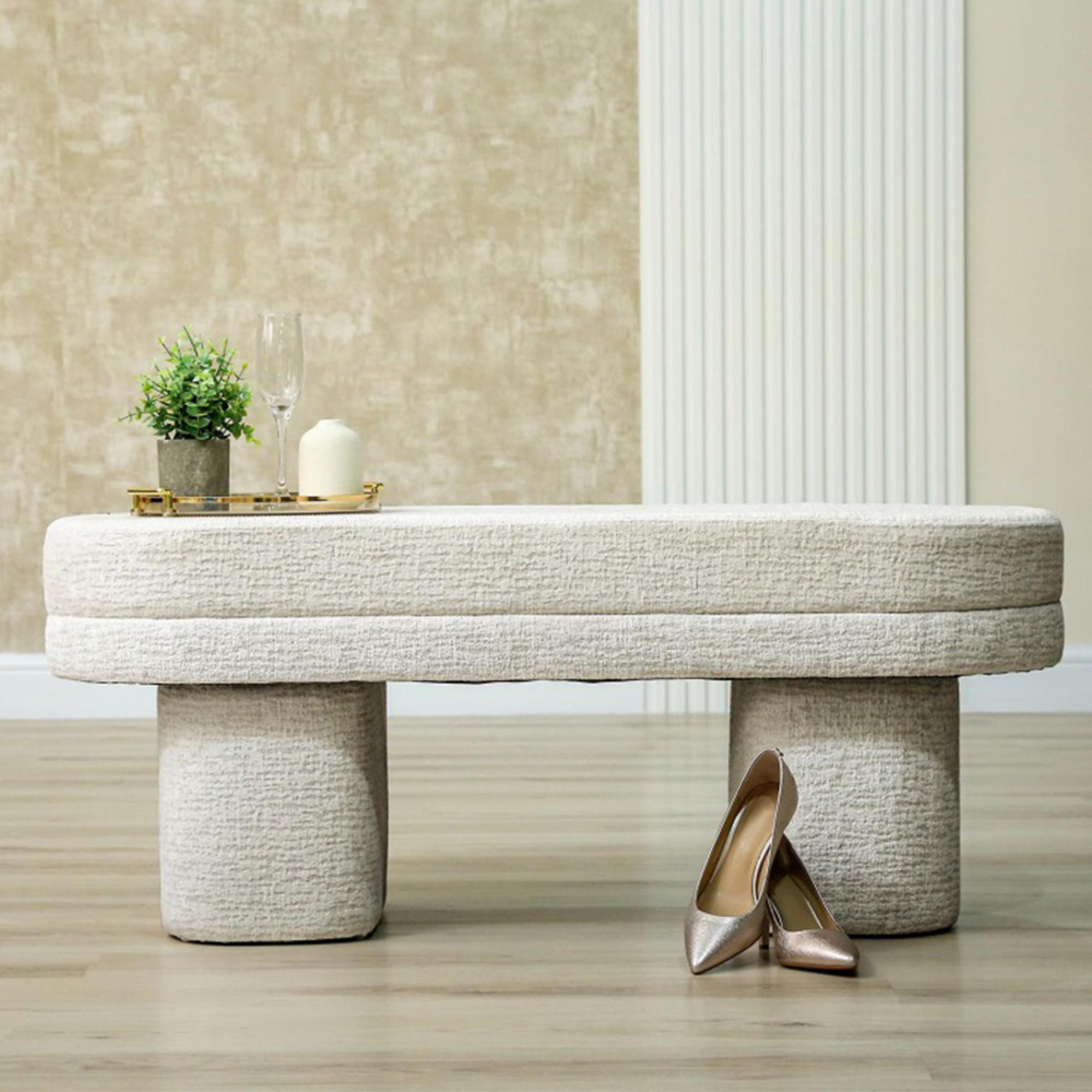 White Boucle Fabric Oval Storage Hall Bench | Choice Furniture ...