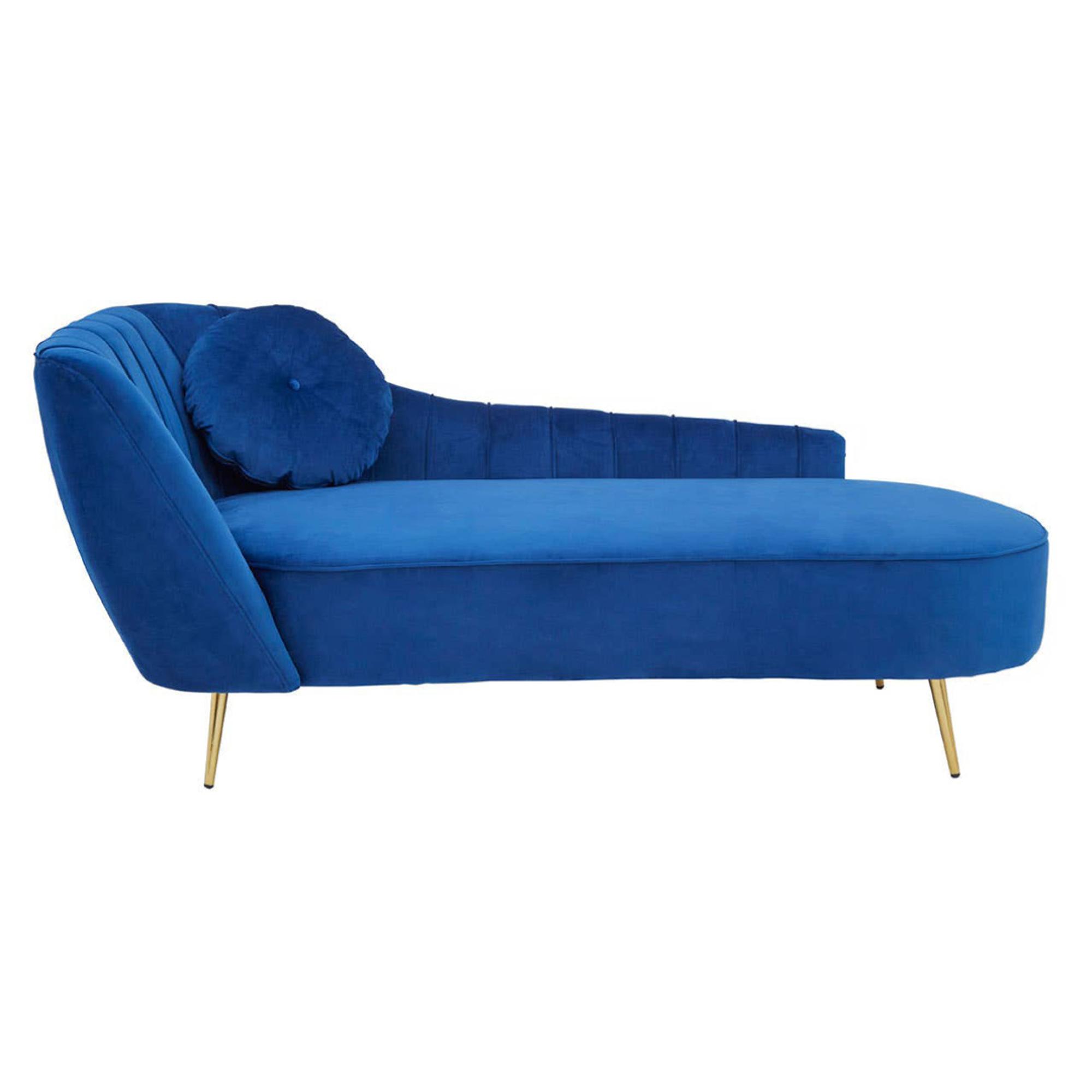 Felizia Midnight Blue Velvet Fabric Left Arm Lounge Chaise with Gold ...