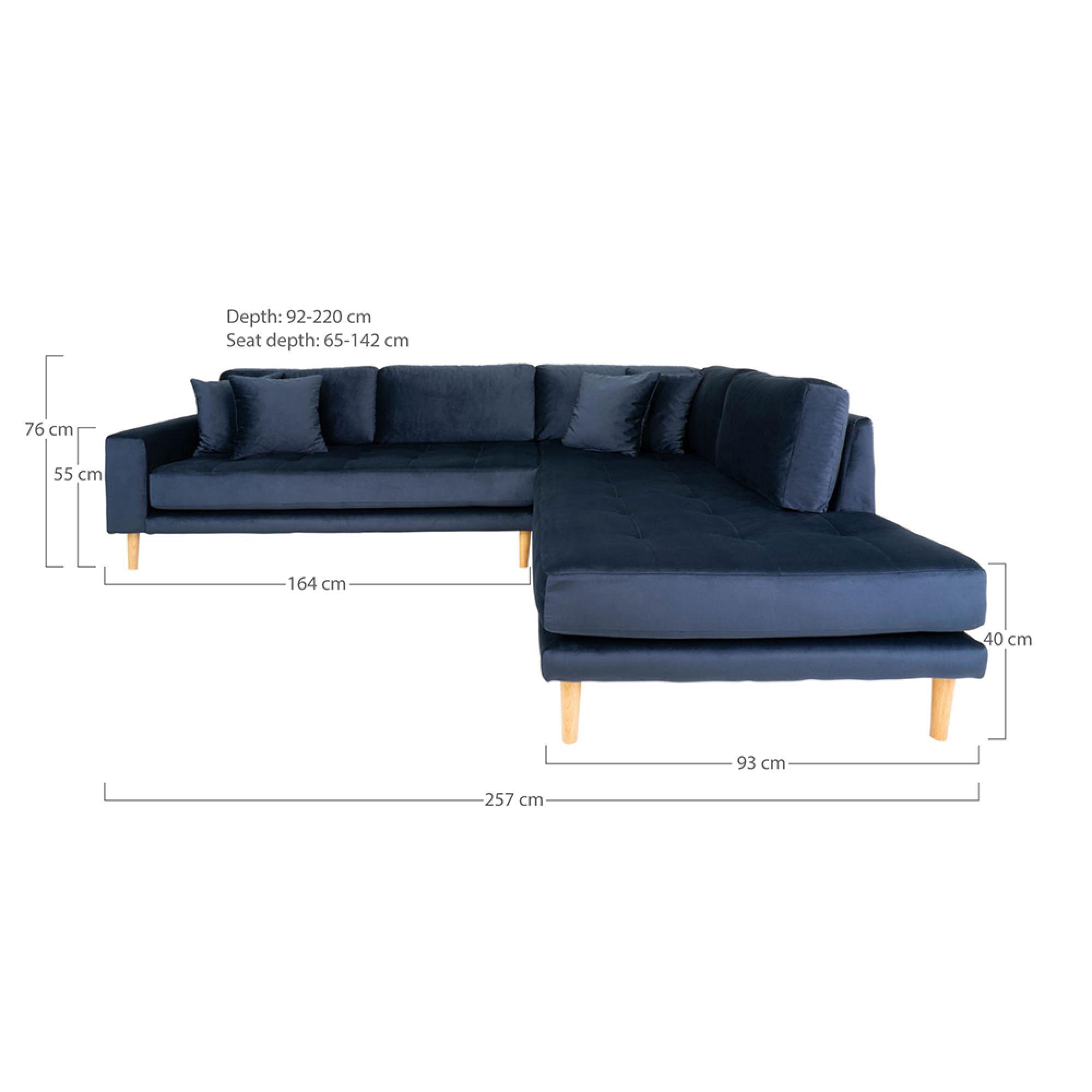 Lido Dark Blue Velvet Fabric Corner Sofa Open End with Natural Legs ...