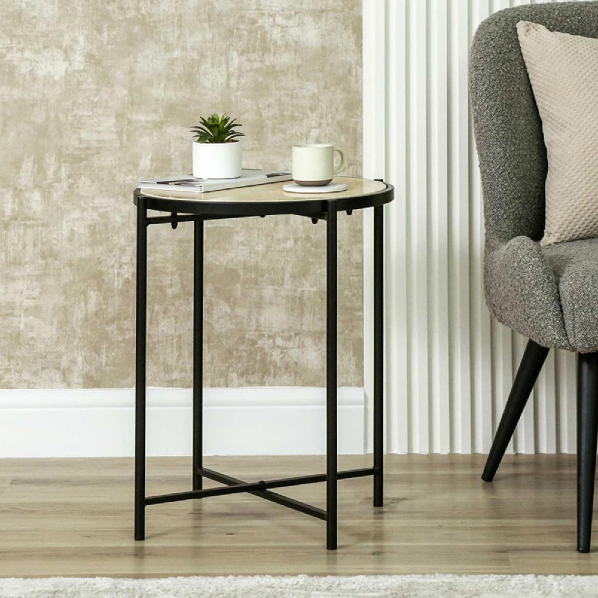 Travertine Marble and Black Metal Round End Table