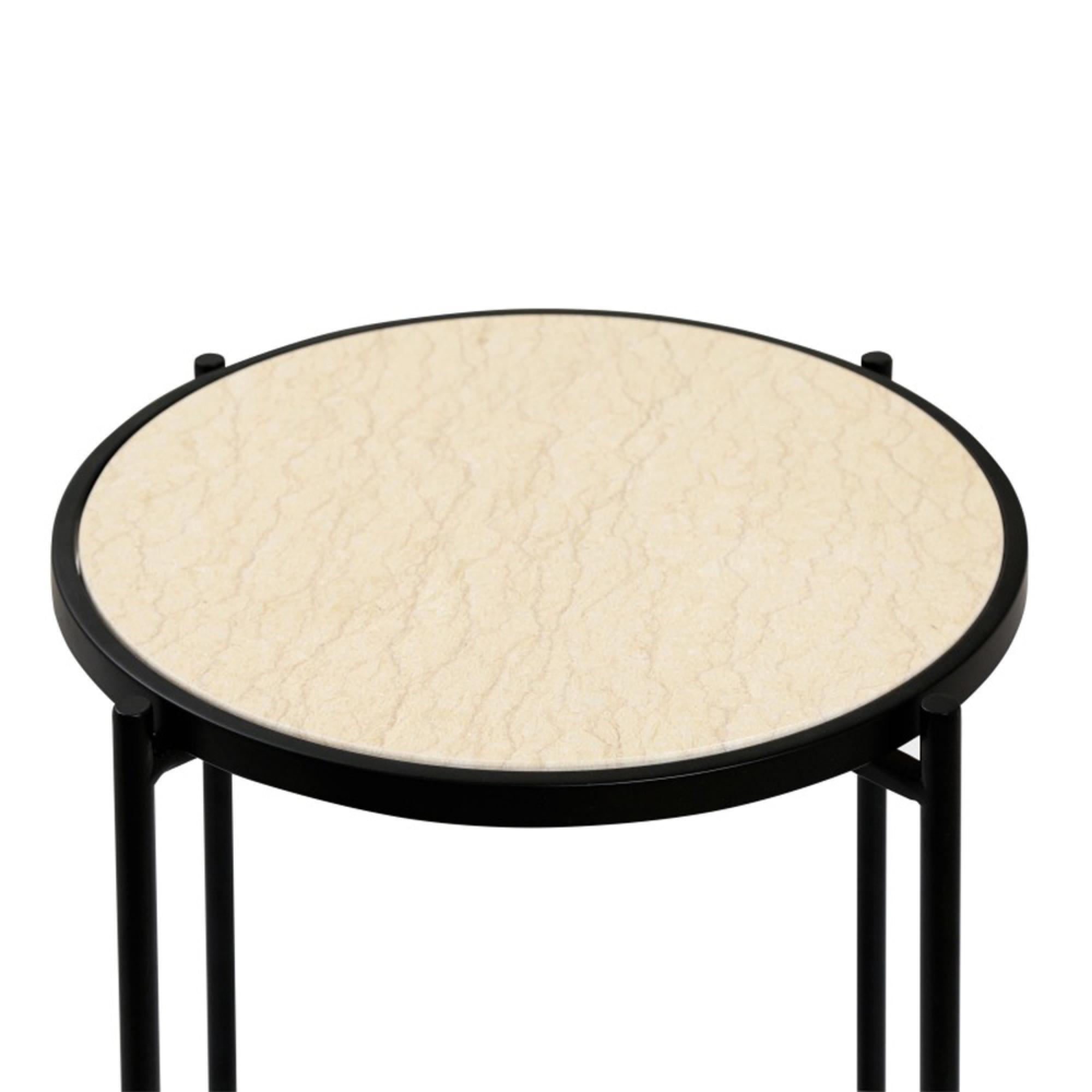 Travertine Marble and Black Metal Round End Table