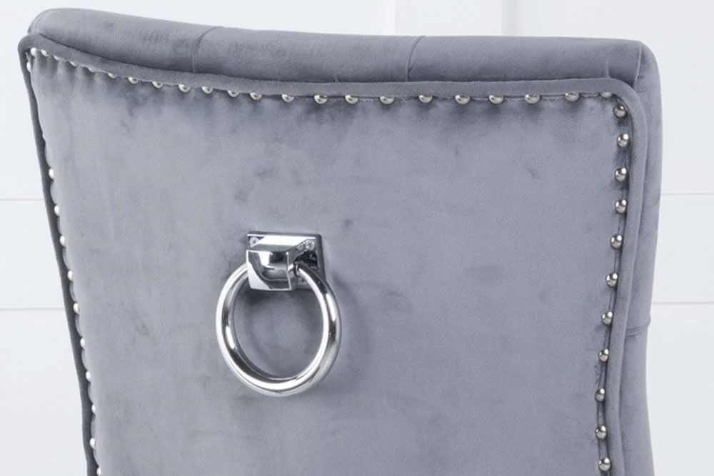 Knocker Back Grey Velvet Fabric Dining Chair with Chrome Legs - CFS UK