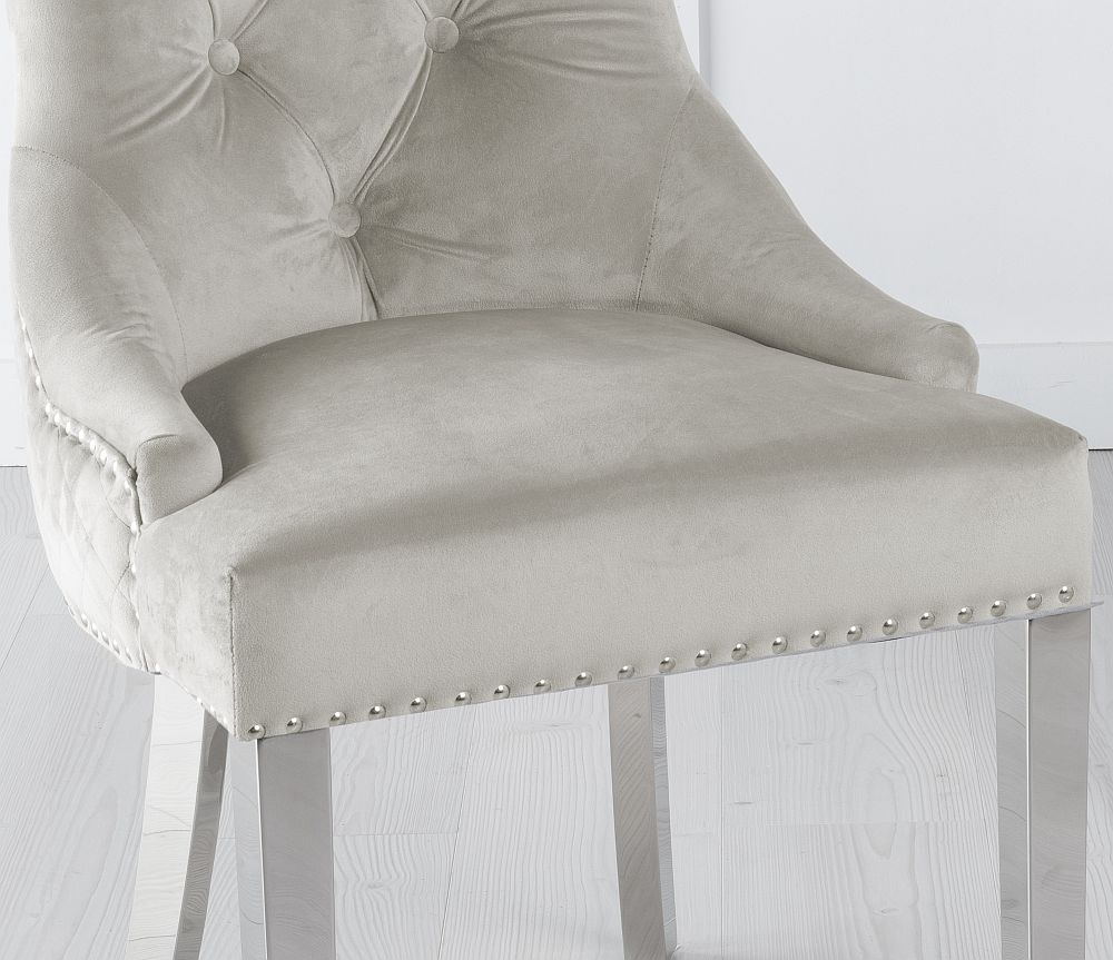 Lion Knocker Back Champagne Velvet Fabric Dining Chair with Chrome Legs ...